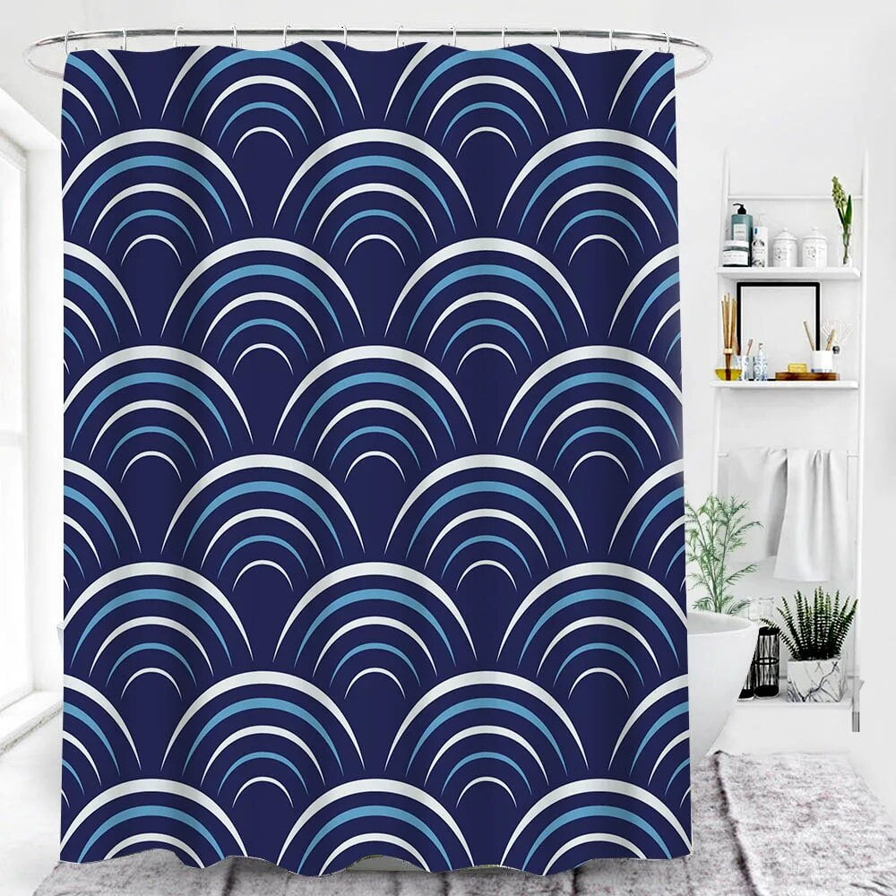 Blue Geometry Shower Curtain Cartoon Line Pattern with Hook 3D Printed ...