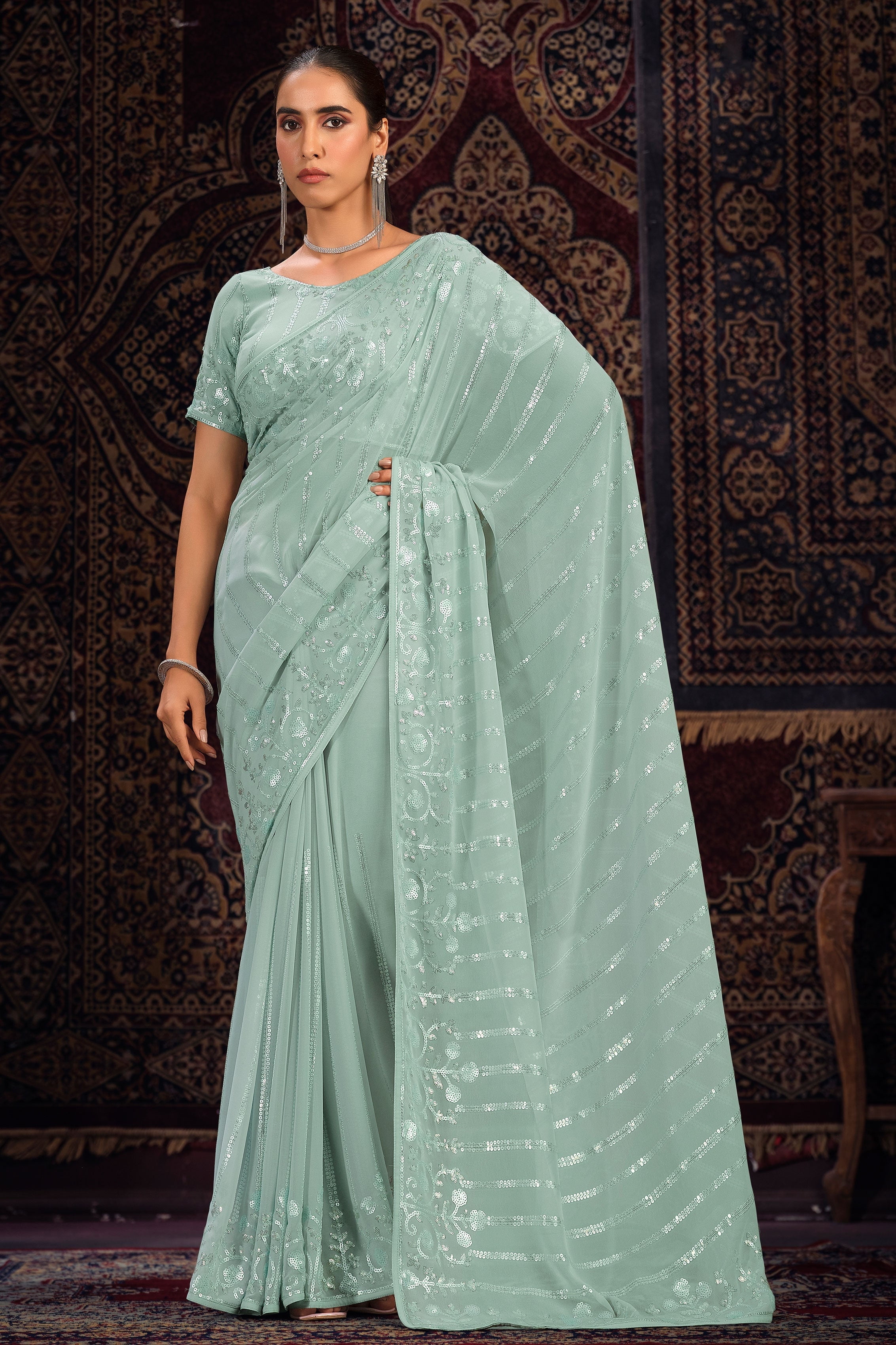Blue Georgette Sequin Saree - Walmart.com