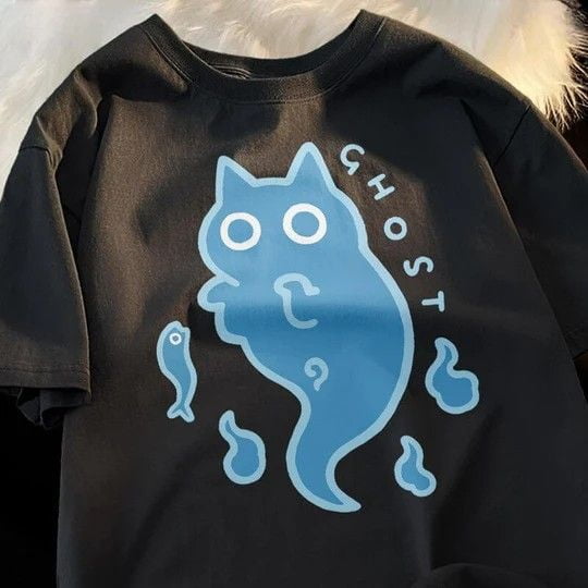 Blue Ghost Cat Graphic Tee with Floating Fish Unisex Cotton T-Shirt ...