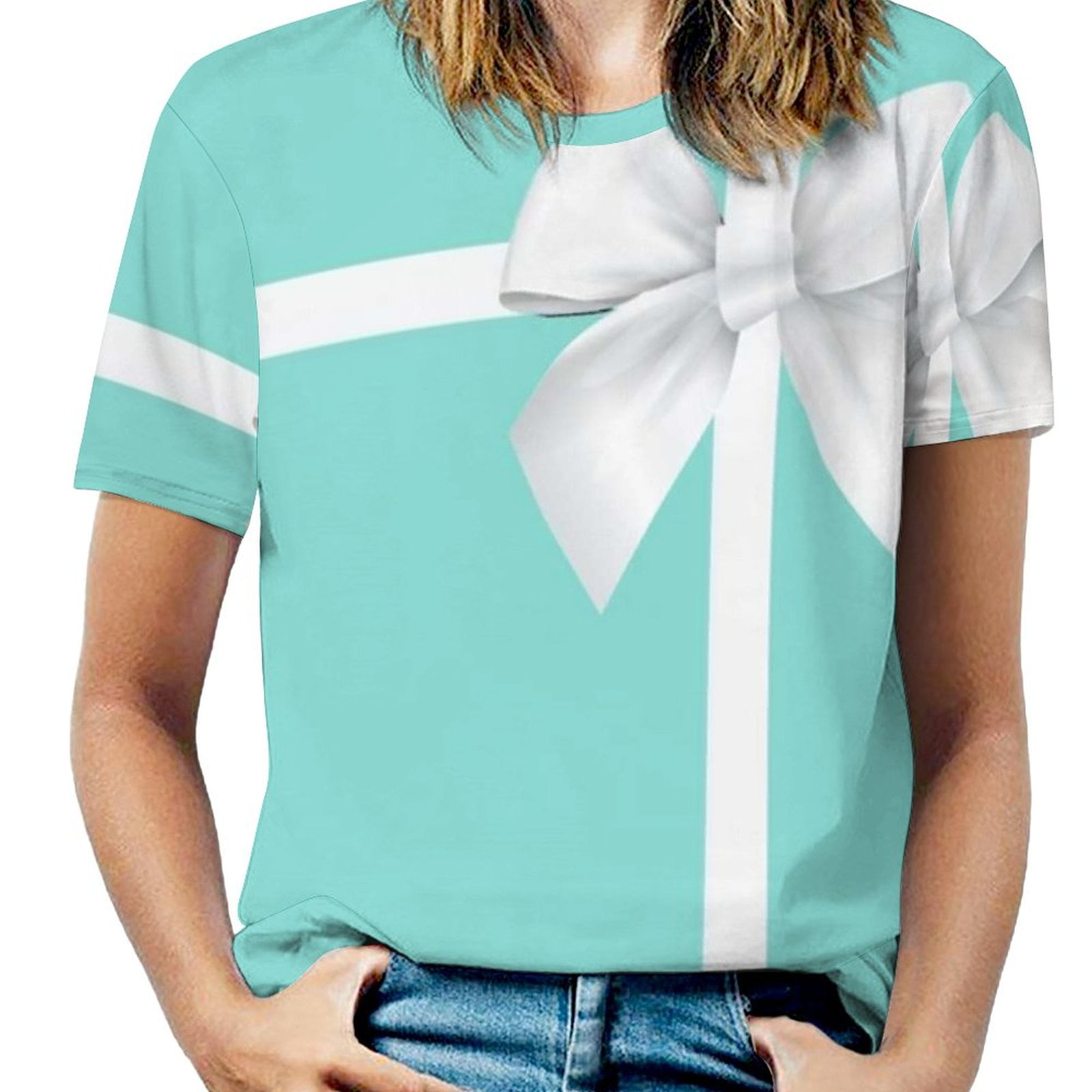 Blue Gift Box White Bow Women'S T-Shirt New Fashion Printed Zipper V-Neck Short Sleeve T Shirts ...