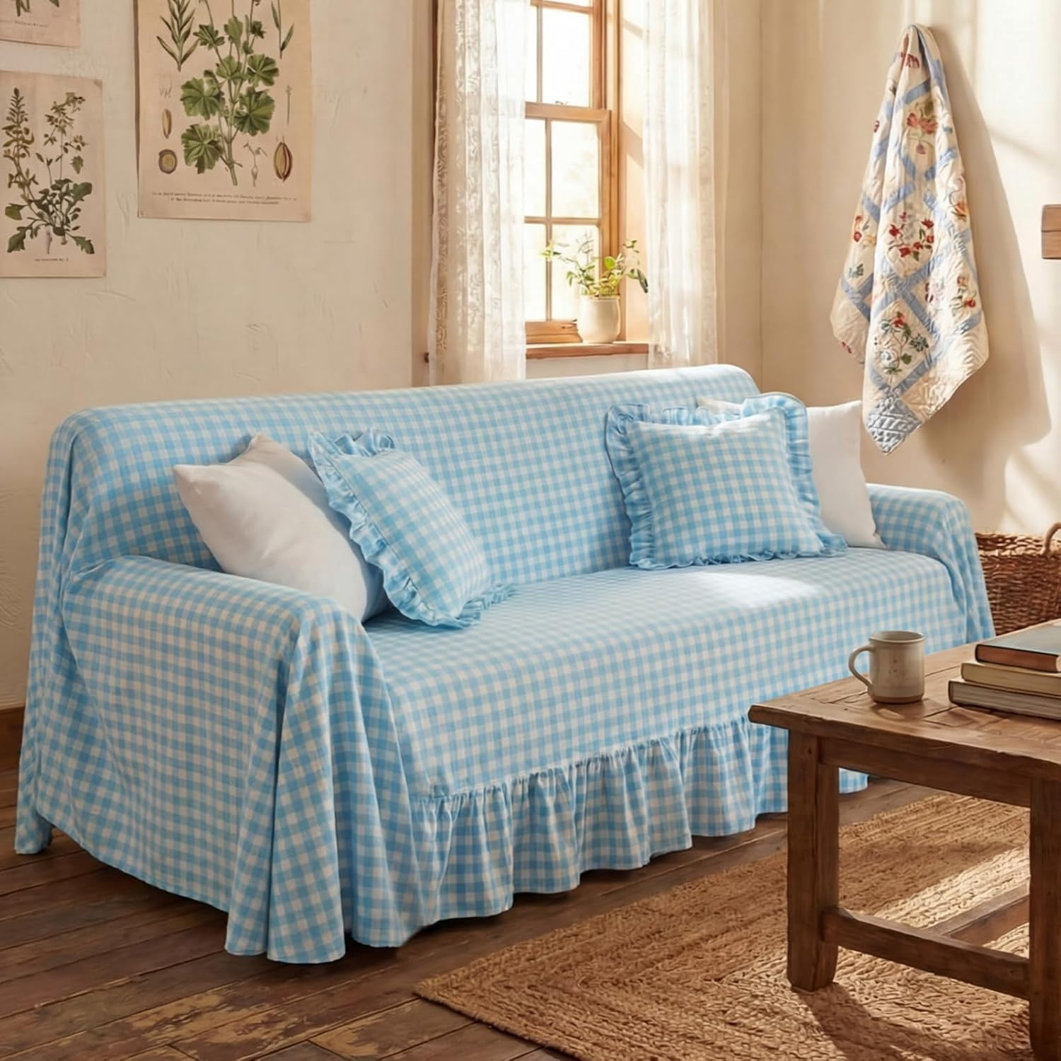 Blue Gingham Couch Cover with Ruffle Farmhouse Sofa Slipcover One Piece ...