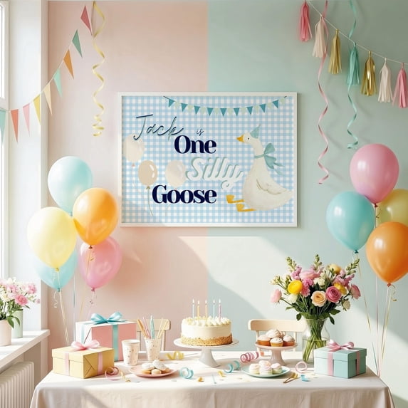 Blue Gingham One Silly Goose Poster Party Banner Balloon Backdrop ...
