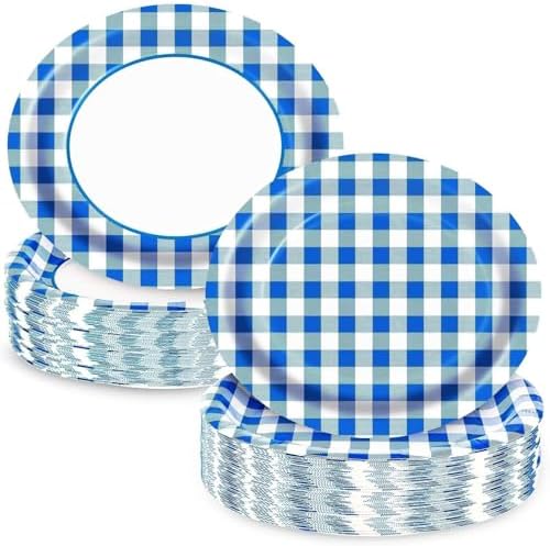 Blue Gingham Oval Paper Plates 10" x 12",Large Disposable Heavy Duty ...