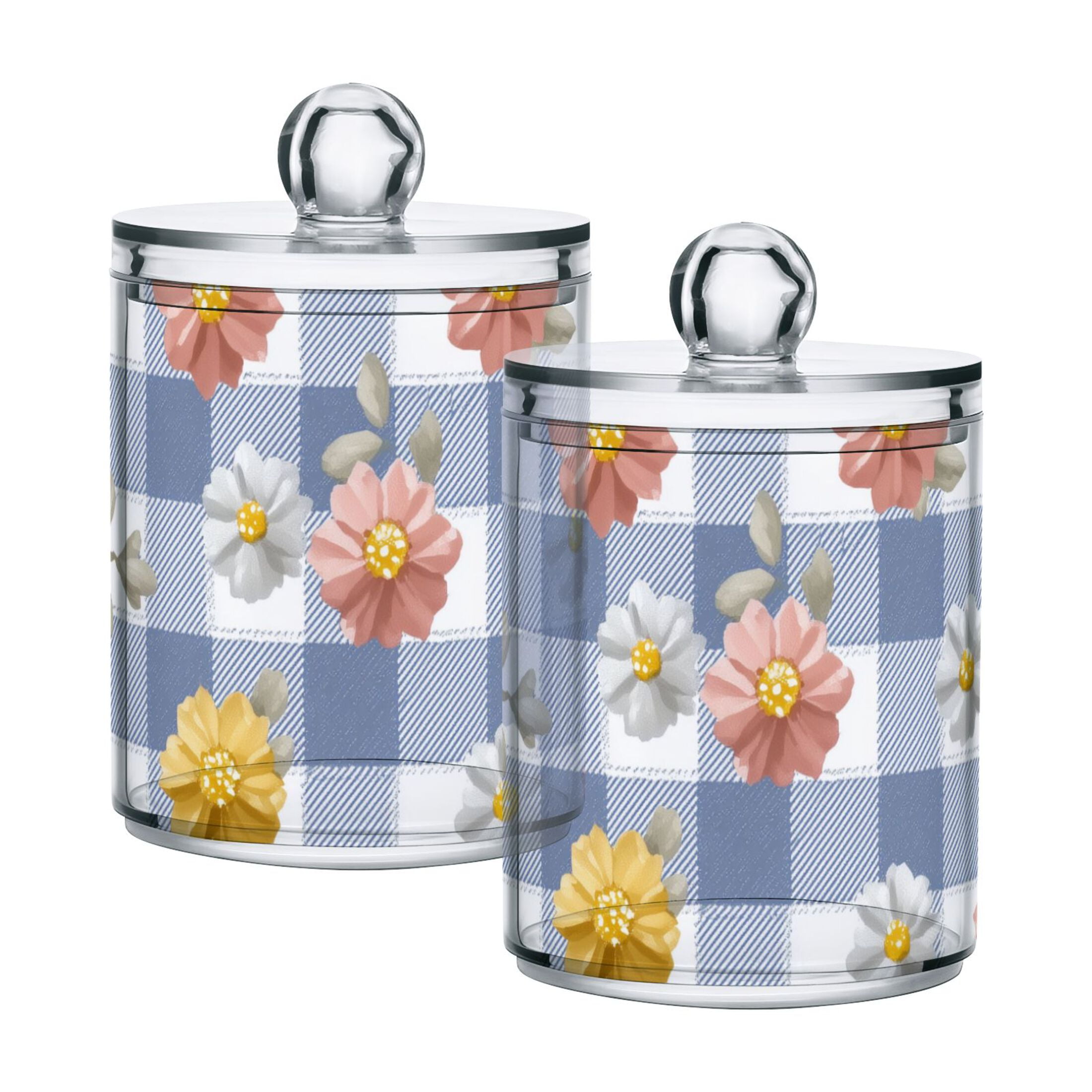 Blue Gingham Pattern with Small Flowers Translucent Plastic Cans ...