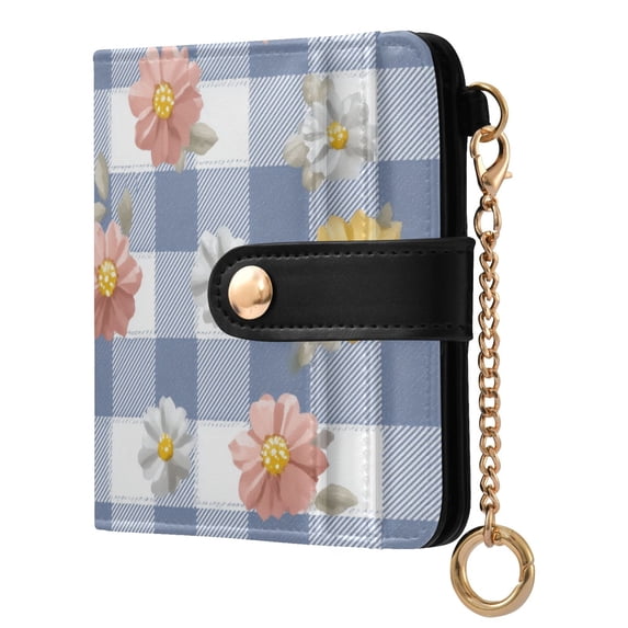 Blue Gingham Pattern with Small Flowers Women's Wallet PU Leather Card ...