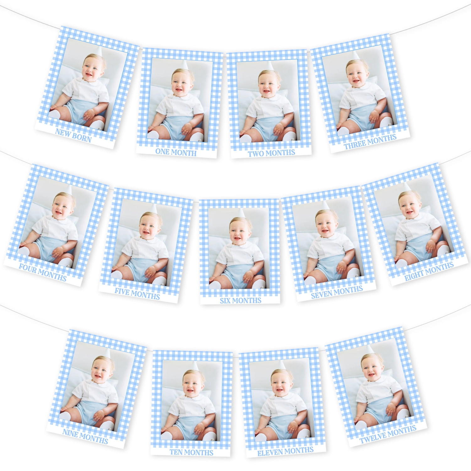 Blue Gingham Photo Banner Boy First Birthday Party Decorations Blue ...