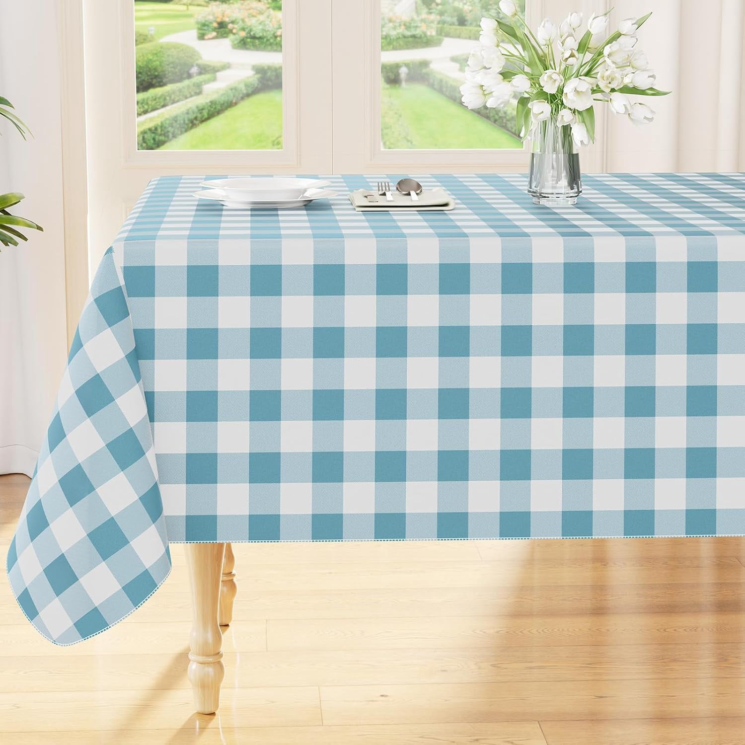 Blue Gingham Tablecloth, Waterproof Peach Skin Fabric Rustic Buffalo ...