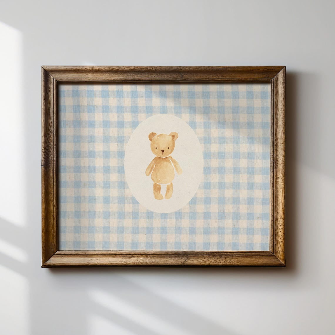 Blue Gingham Teddy Bear Horizontal Print, Nursery, Botanical, Cottage ...