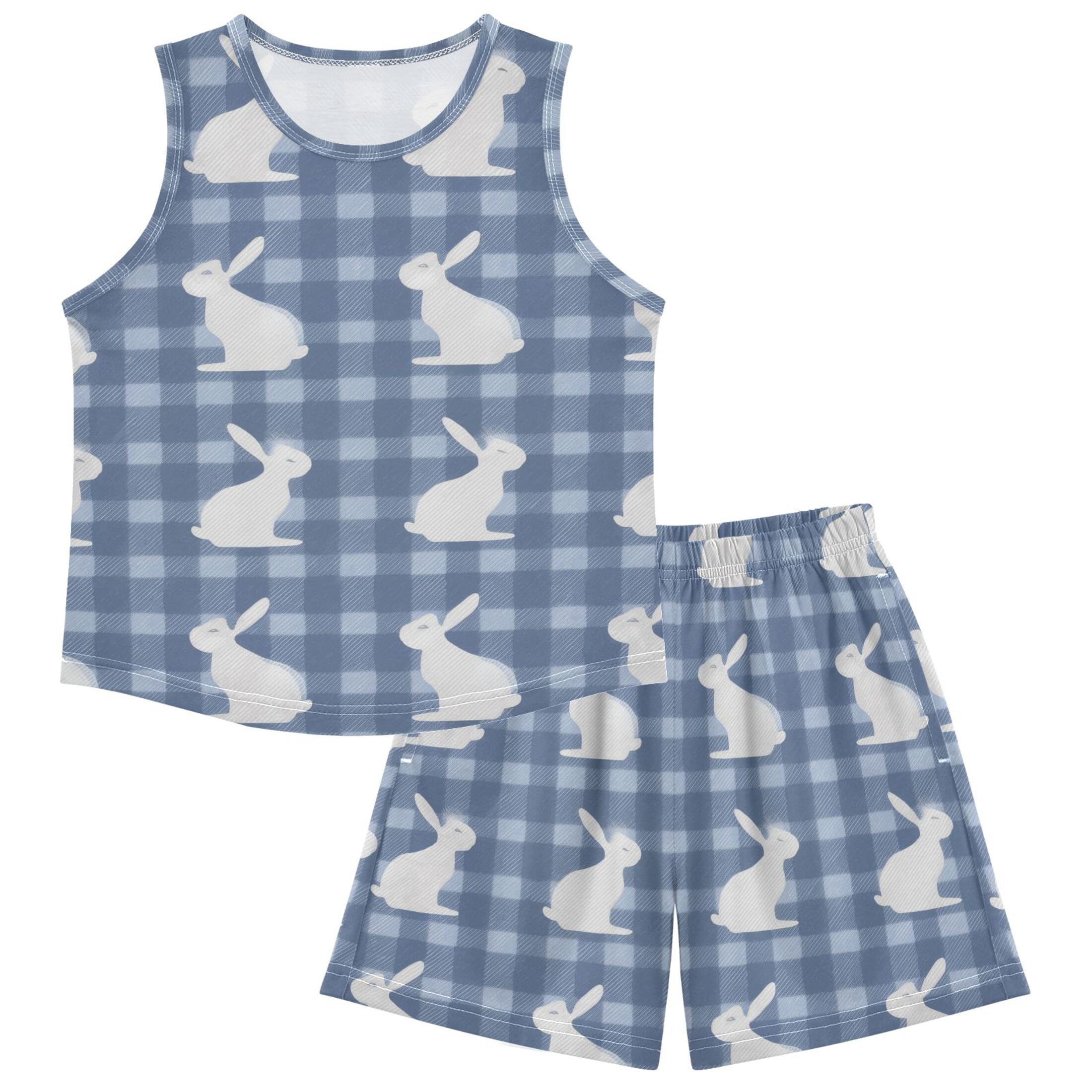 Blue Gingham White Rabbits Easter Pajamas Set Sleeveless Sleepwear Tank ...