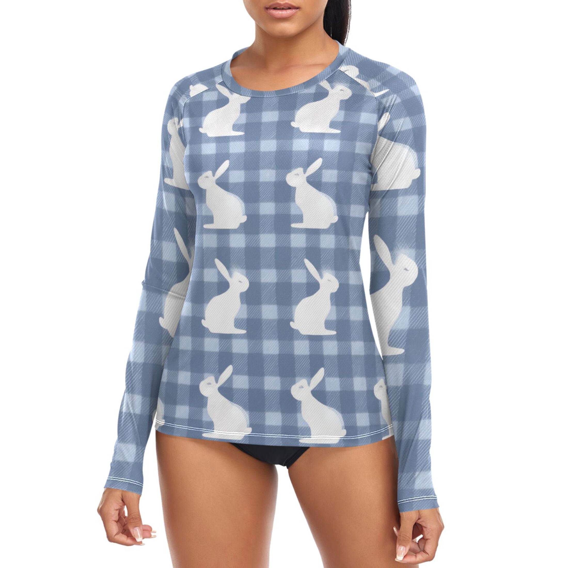 Blue Gingham White Rabbits Easter Women's Rash Guard Shirts UPF 50+ Sun ...
