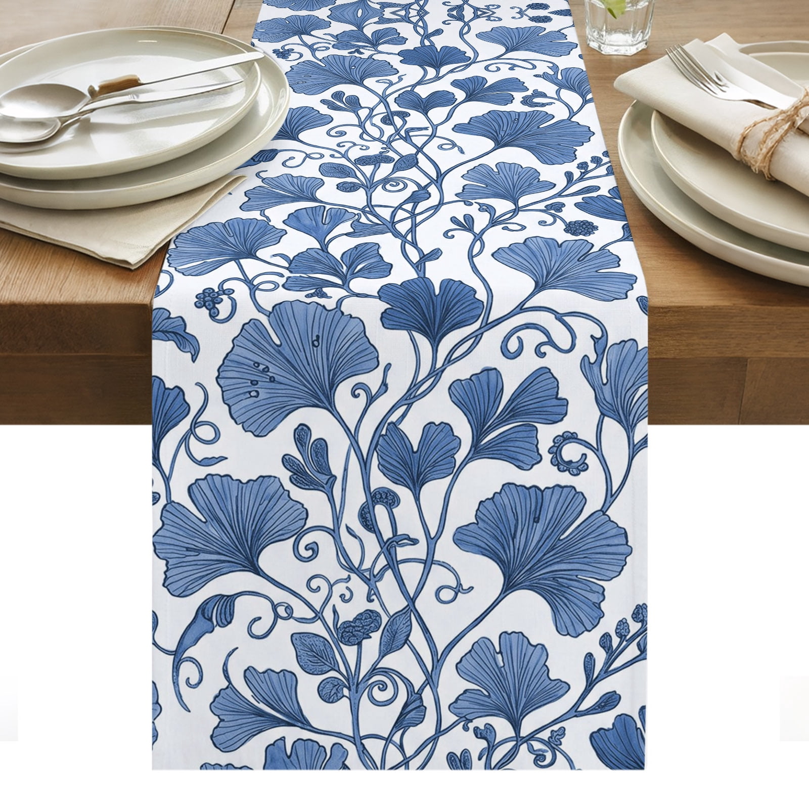 Blue Ginkgo Leaf Table Runner Country Leaves Farmhouse Botanical ...