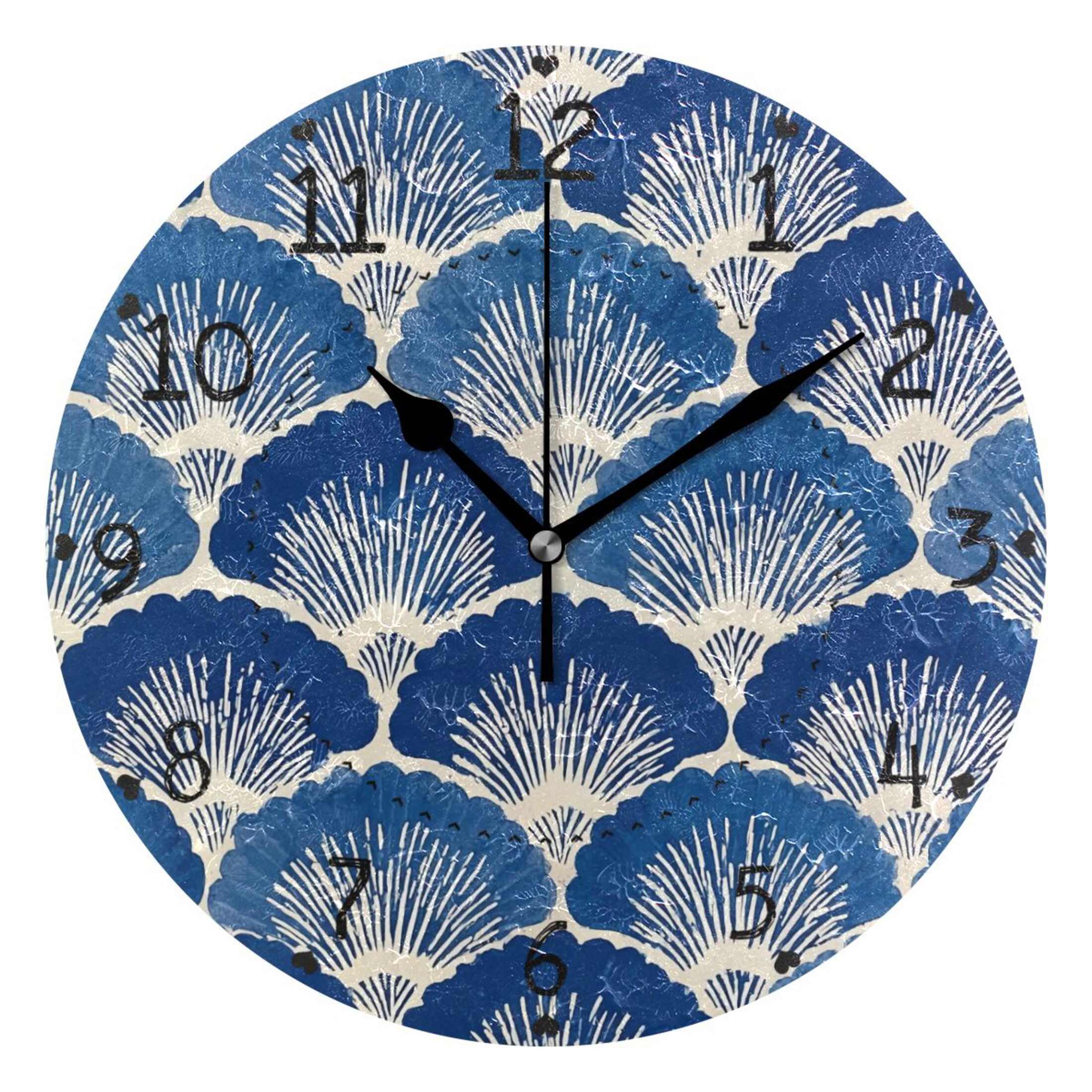 Blue Ginkgo Leaves Round Wall Clock Silent Analog Battery Operated ...