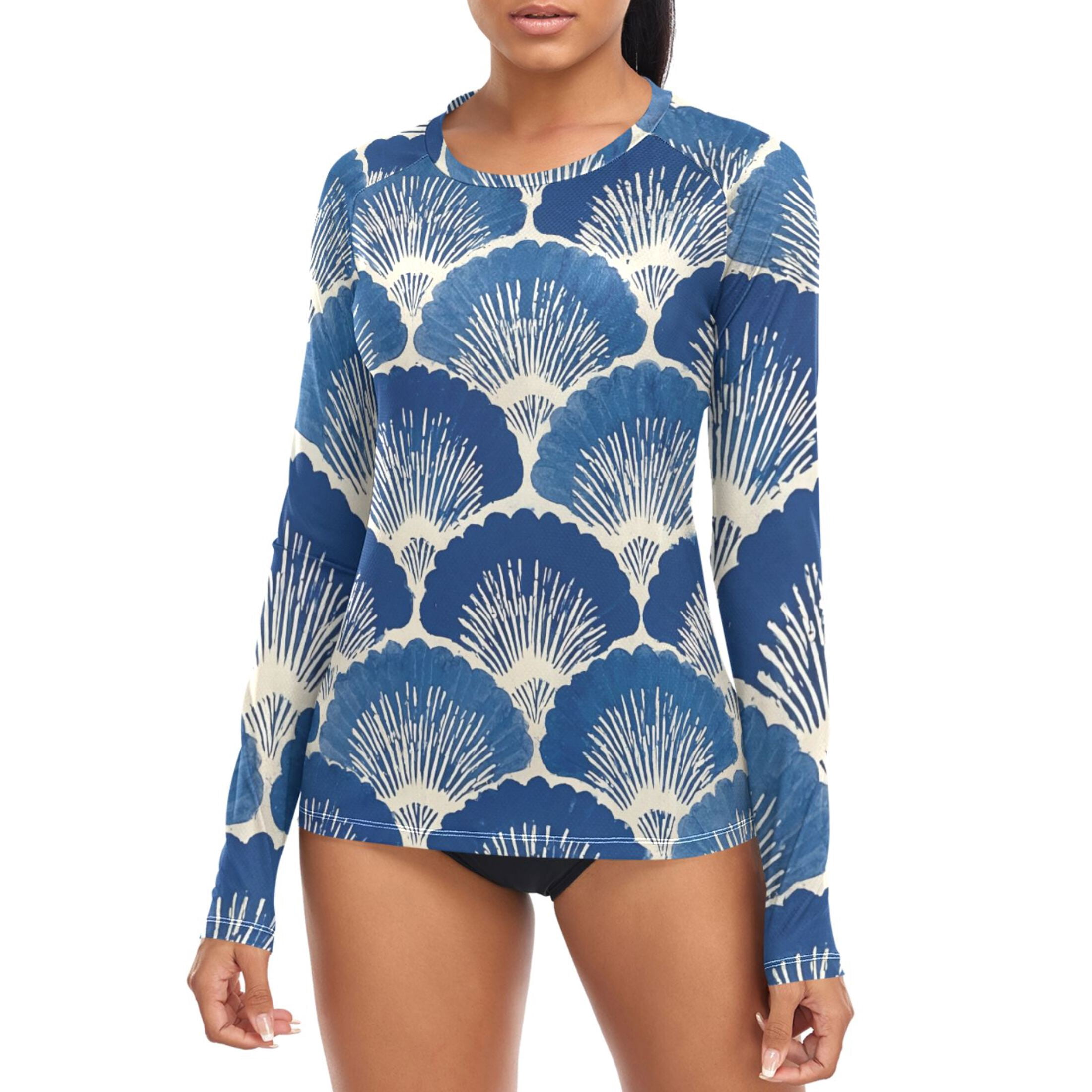 Blue Ginkgo Leaves Women's Rash Guard Shirts UPF 50+ Sun Protection ...