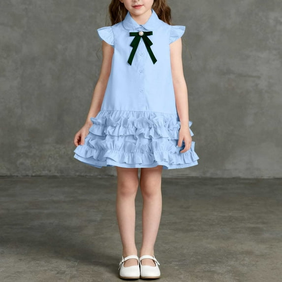 Blue Girls Shirt Dress with Ruffled Hem & Bow Collar - Sleeveless ...