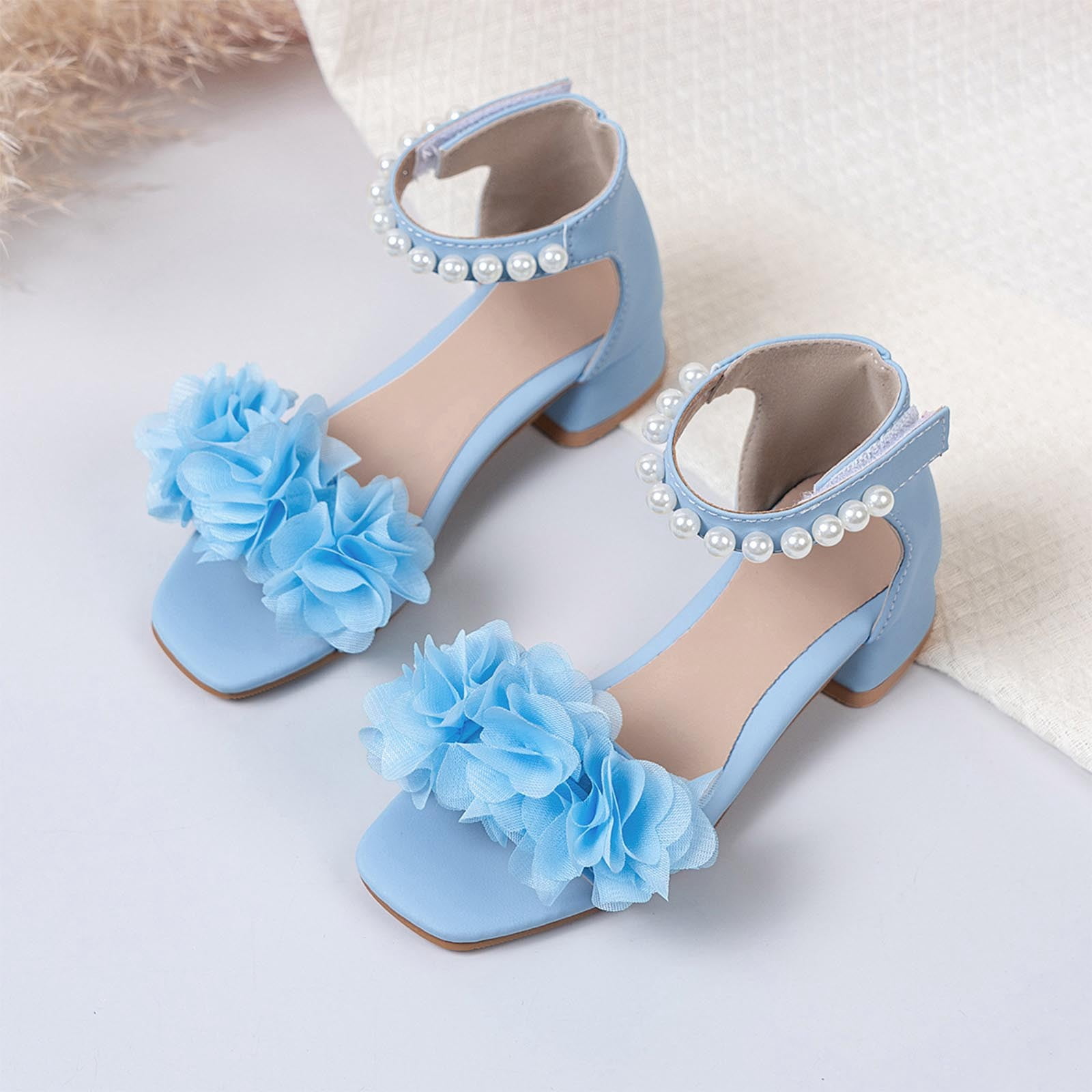 Blue Girls Solid Floral Pearl Strap Mid Heel High Heeled Sandals 2026 ...