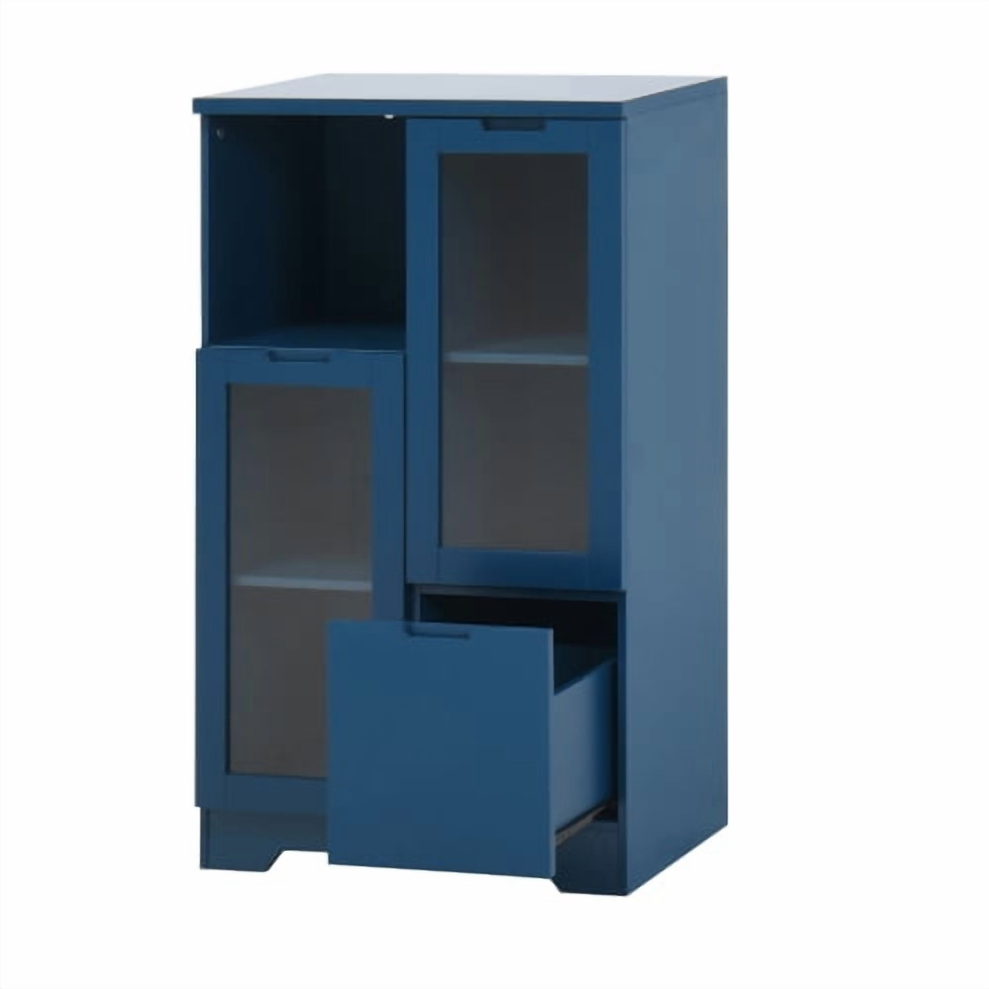 Blue Glass Door Cabinet with Drawer, MDF Open Shelf Storage for Living ...