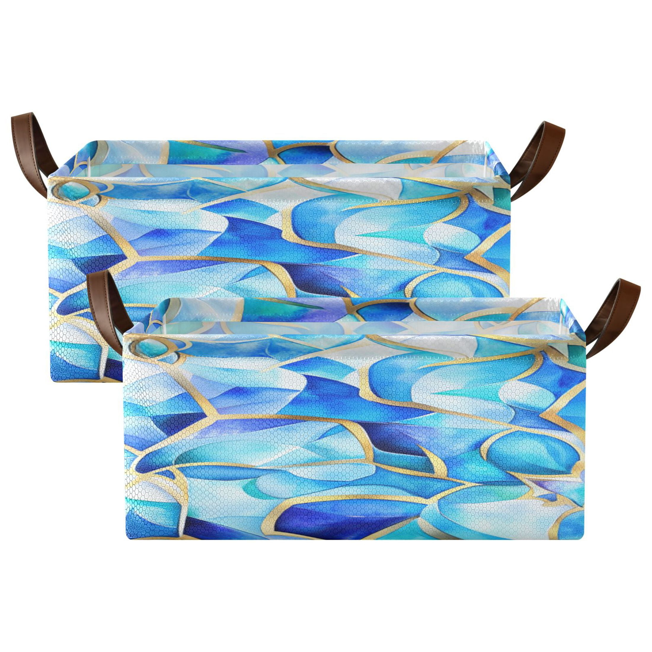 Blue Glass Pattern Shelf Baskets Set of 2 Foldable Metal Frame Open ...