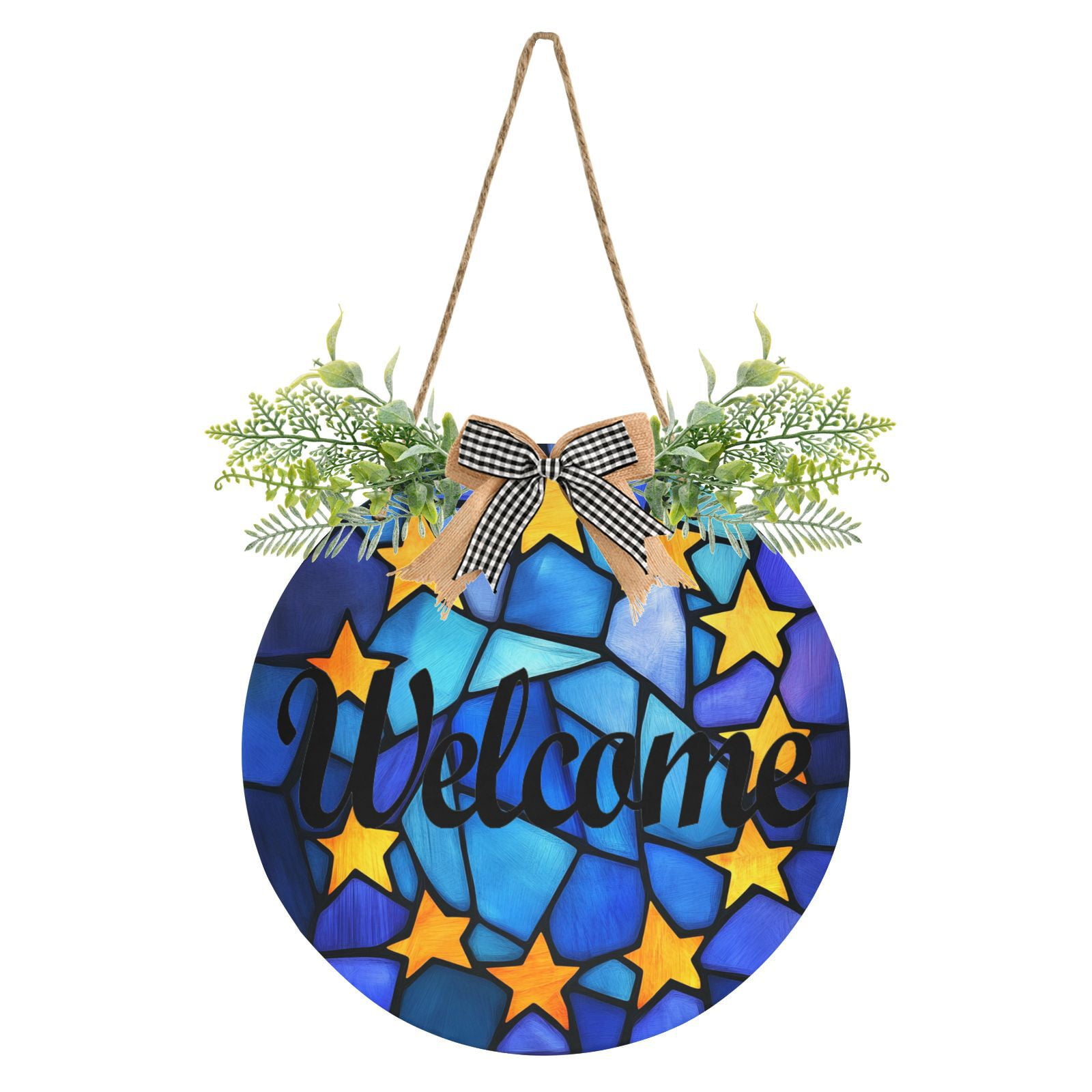 Blue Glass Stars Welcome Sign for Front Door Wreath Door Sign for ...