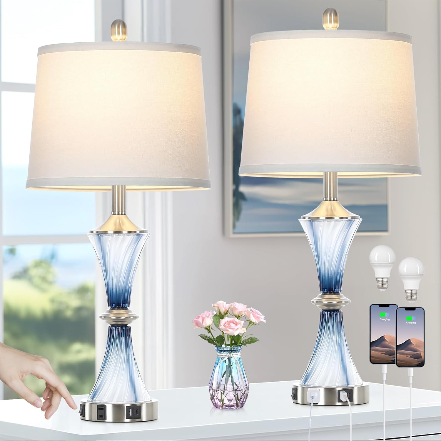 Blue Glass Table Lamp Set of 2 with USB C+A Ports and AC Outlet ...