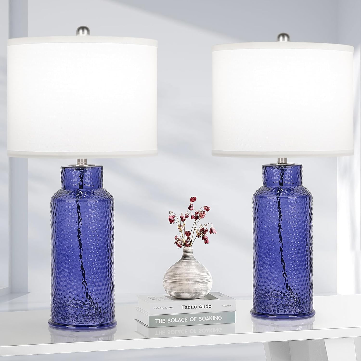 Blue Glass Table Lamps for Bedroom Set of 2, Modern Bedside Glass Lamps ...