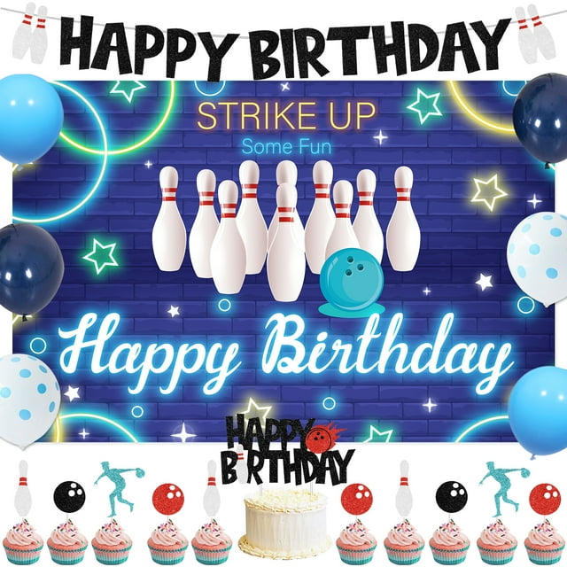 Blue Glitter Bowling Theme Backdrop, Bowling Cake Topper,Let's Strike ...