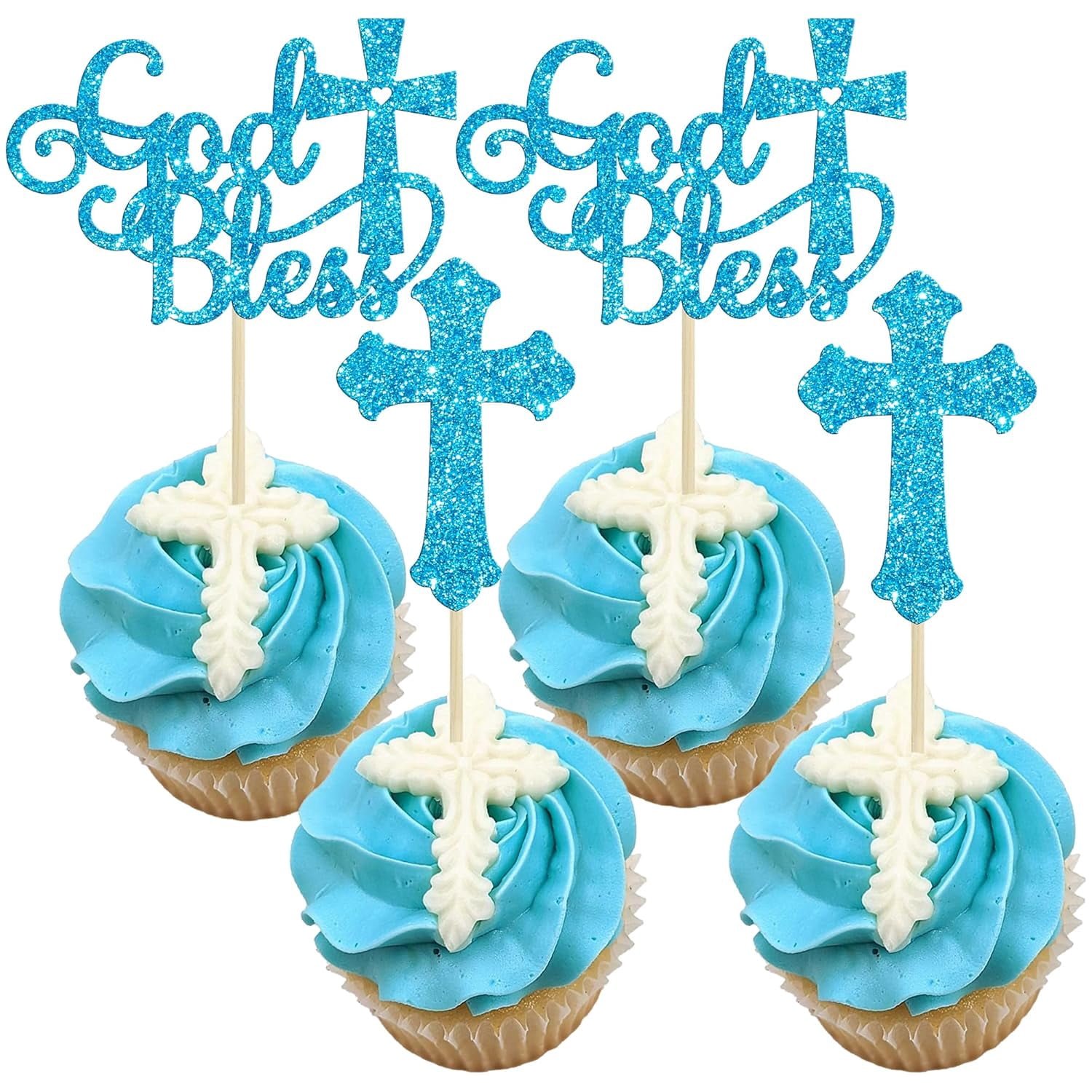 Blue Glitter God Bless Cupcake Toppers, 12PCS Cross Design Double‑Sided ...