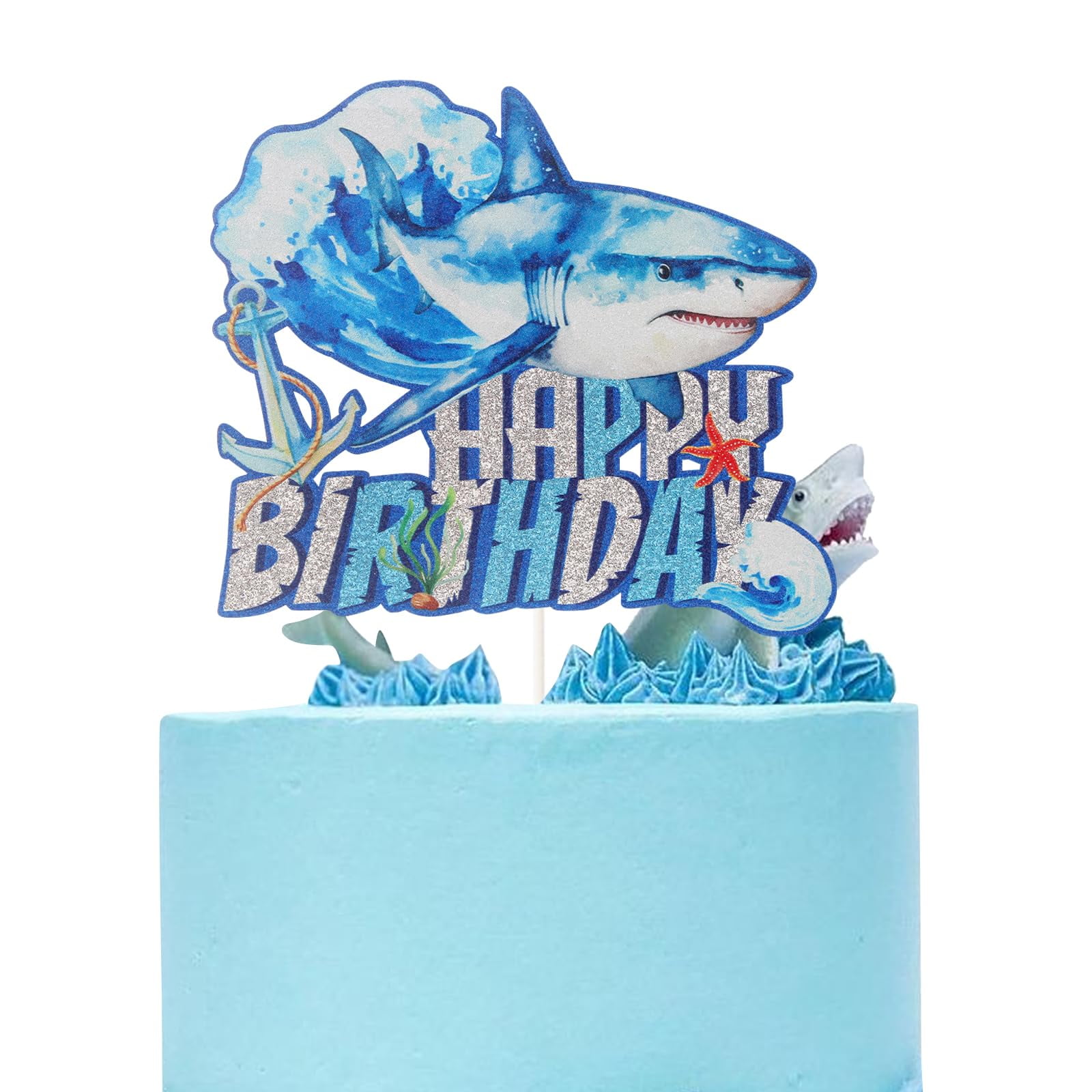 Blue Glitter Shark Happy Birthday Cake BSL1 Topper,Under the Sea Shark ...