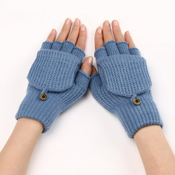 Blue Gloves Mittens Winter Knit Convertible Fingerless Gloves Wool ...