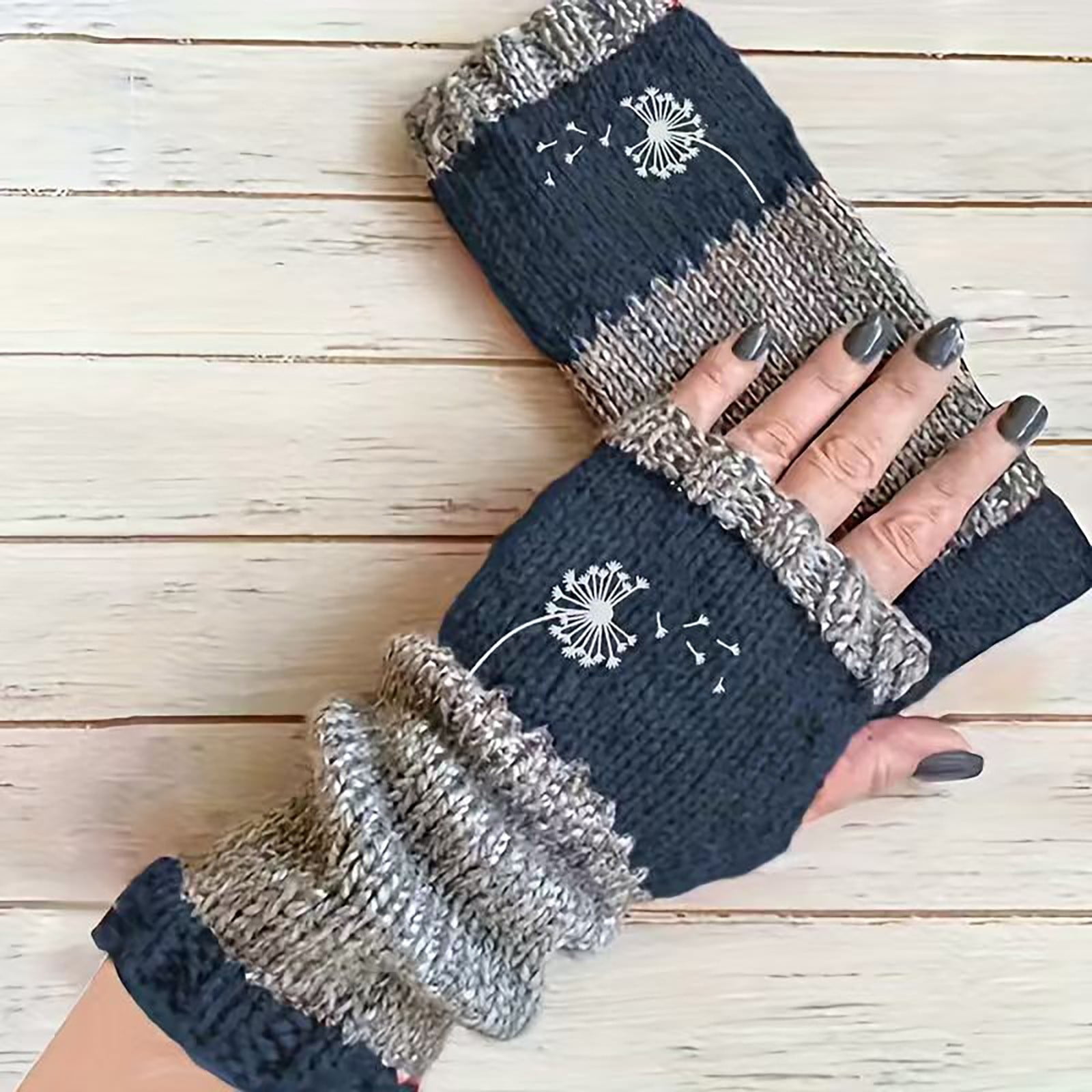 Blue Gloves Mittens for Women Men Fingerless Gloves with Dandelion ...