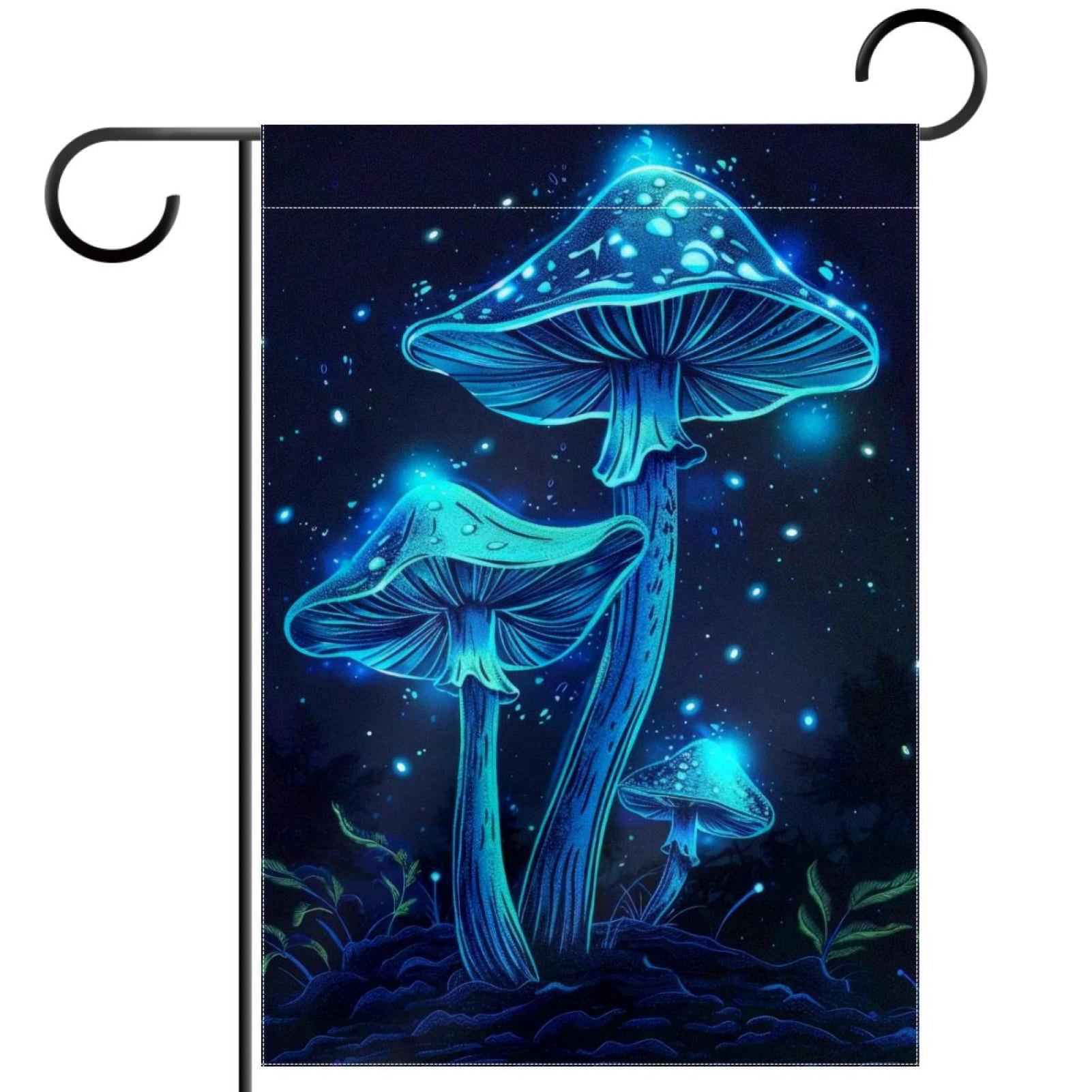 Blue Glowing Mushrooms on Dark Night Background Garden Flag Double ...