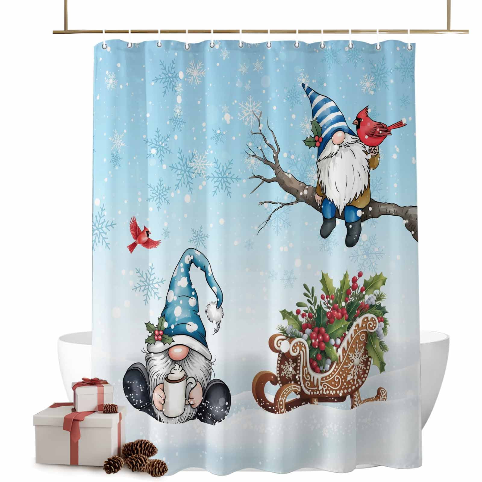 Blue Gnome Bathroom Shower Curtain Christmas Winter Snowfall Cardinal ...
