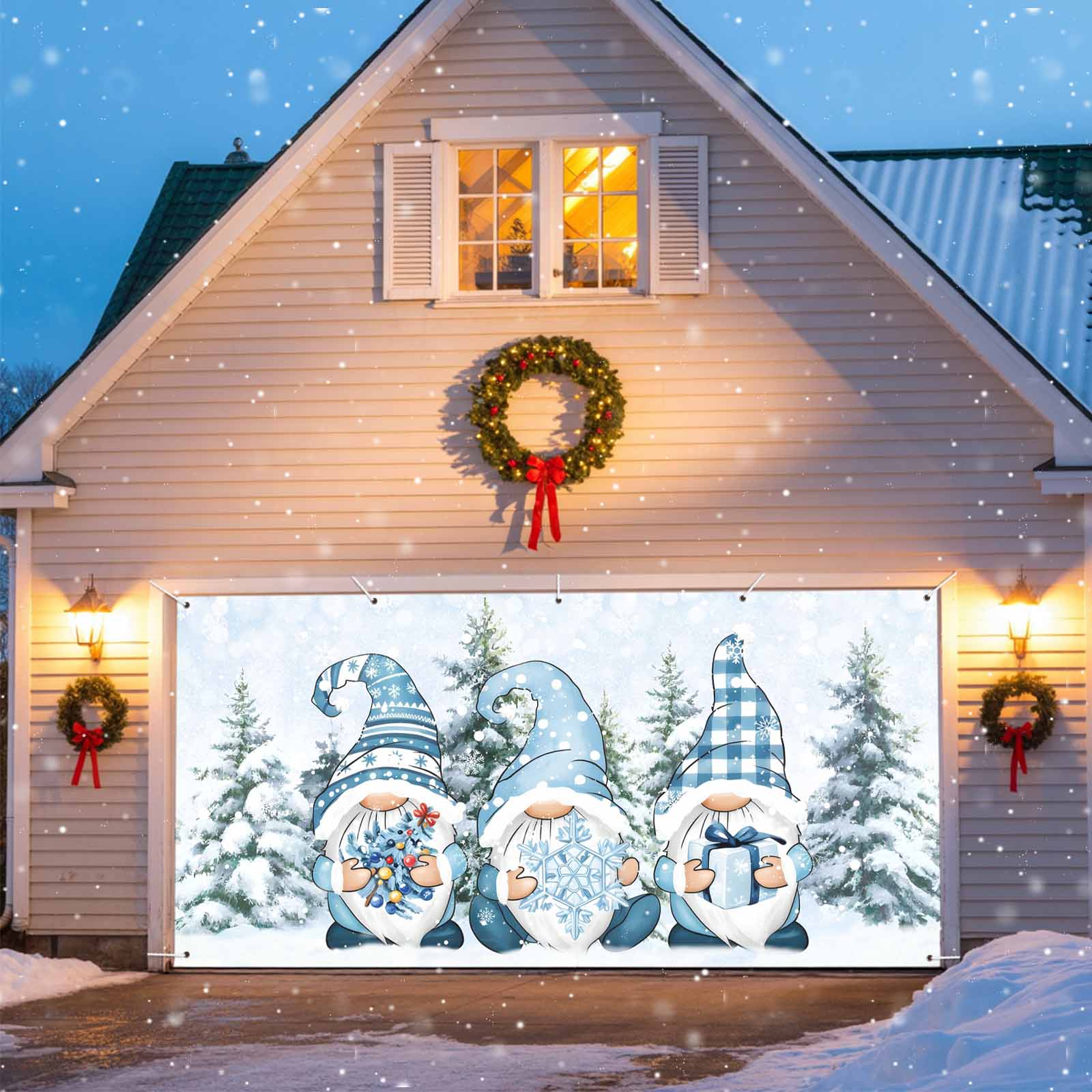 Blue Gnome Snowflake Christmas Garage Door Decorations, 6.9x16ft Garage ...