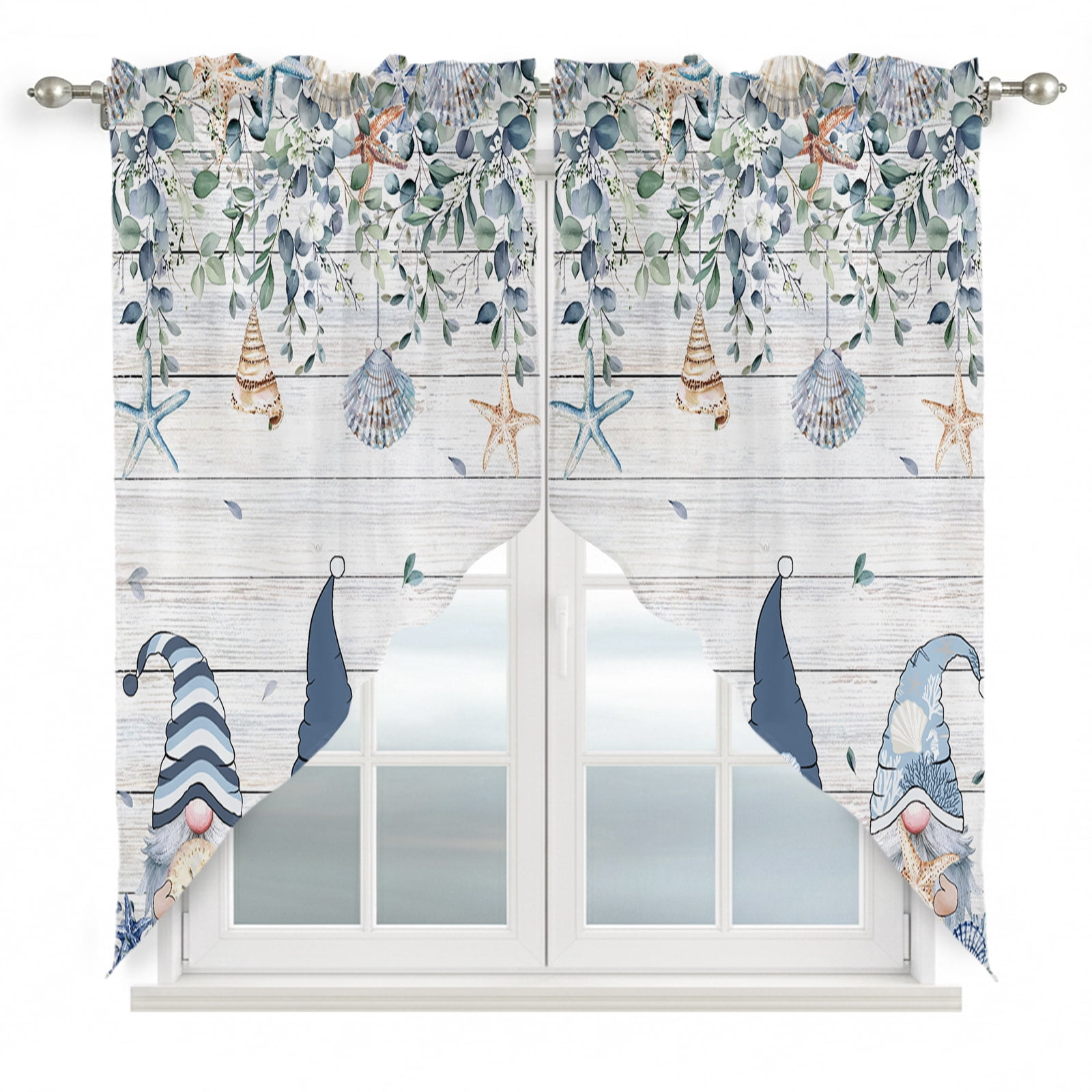 Blue Gnome Swag Curtain Valance for Window 2 Panels Summer Ocean Shell ...