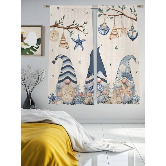 Blue Gnome on Vintage Linen Sheer Curtains 2 Panels Set Summer Ocean ...
