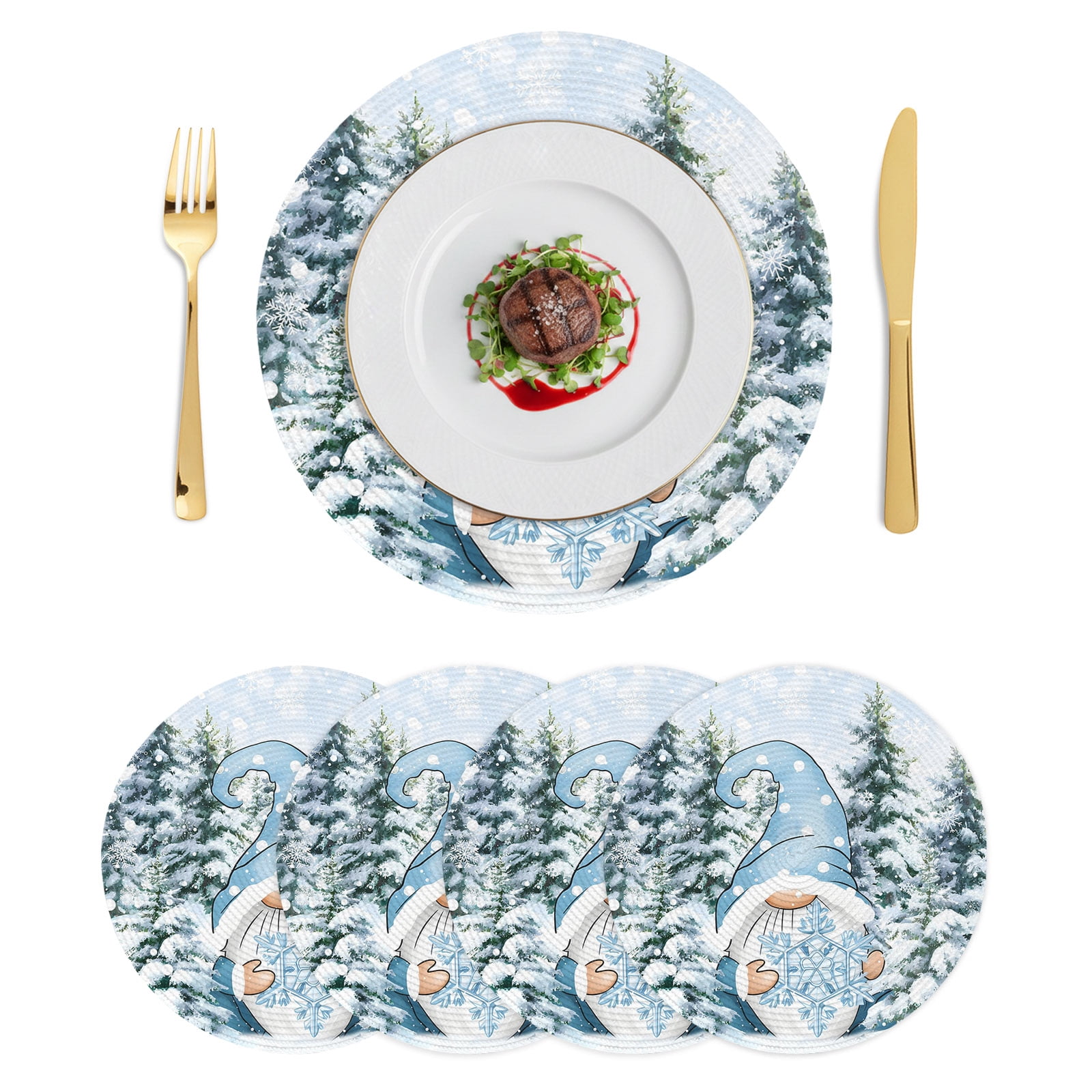 Blue Gnomes Christmas Round Placemats Set of 4, Braided Polypropylene ...