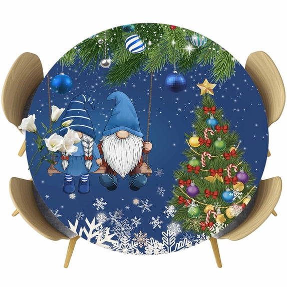 Blue Gnomes Christmas Round Tablecloth, Fitted Table Cover with Elastic ...