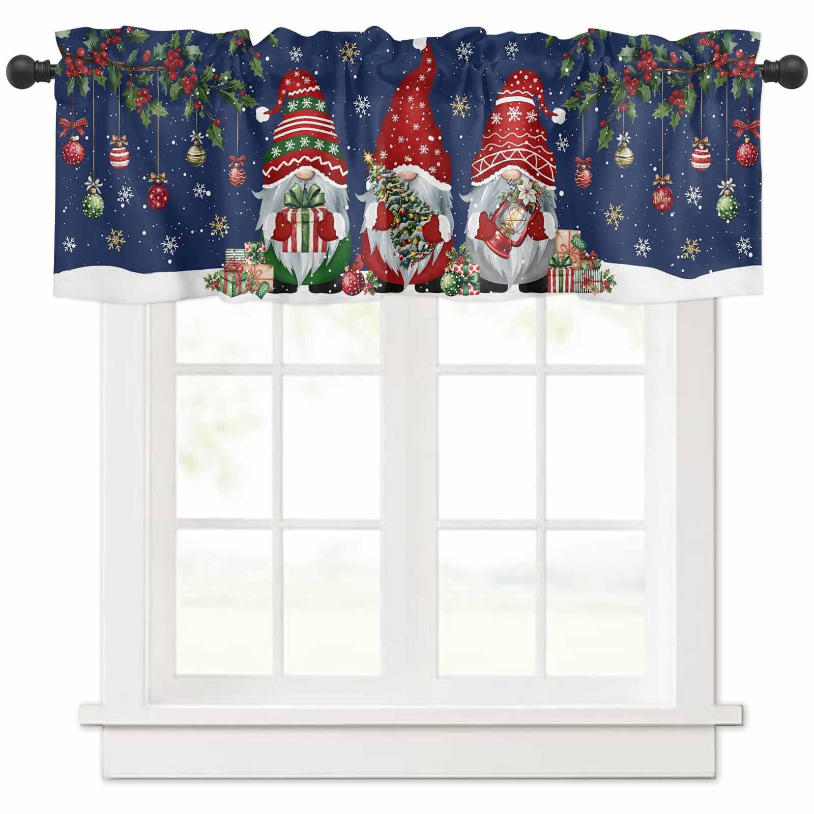 Blue Gnomes Christmas Valances for Windows, Red Xmas Balls Branches ...