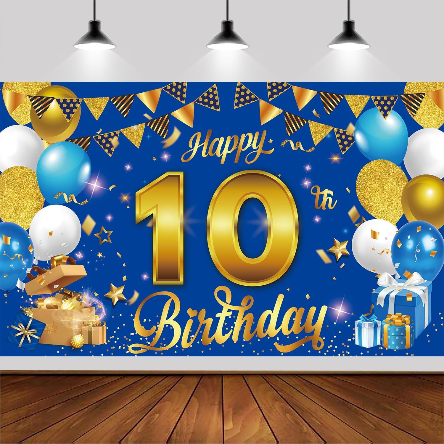 Blue Gold 10th Birthday Backdrop Happy Birthday Photography Background ...
