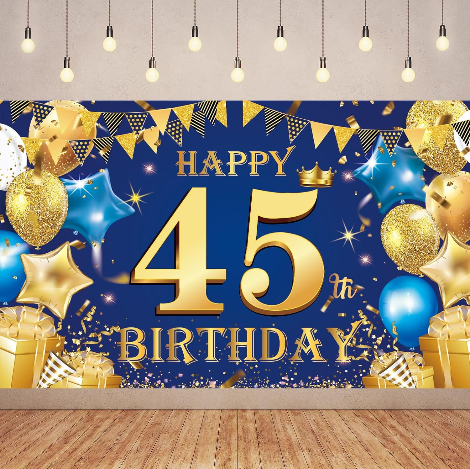Blue and Gold 45th Birthday Banner Party Decorations,Blue Gold Happy ...
