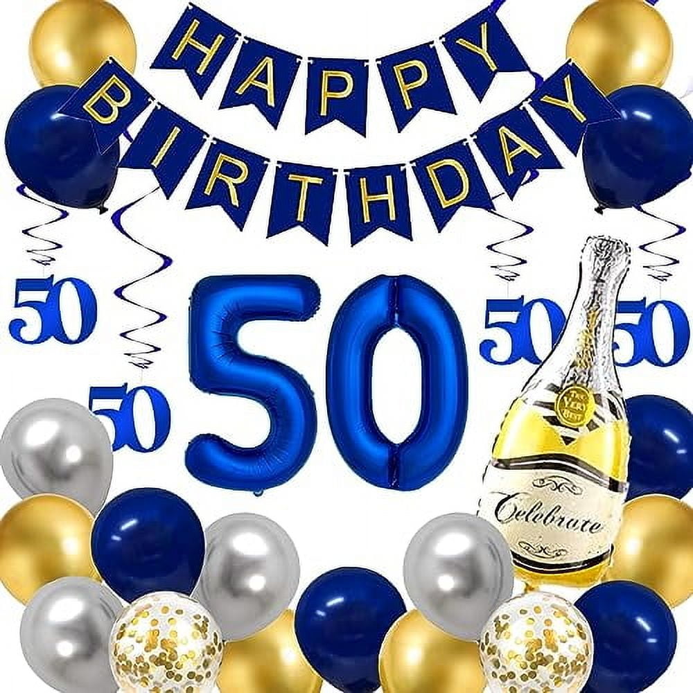 Blue and Gold 50th Birthday Celebration Kit - Happy Birthday Banner ...