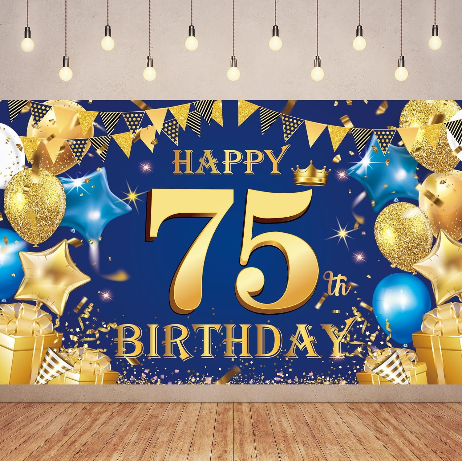 Blue and Gold 75th Birthday Banner Party Decorations,Blue Gold Happy ...