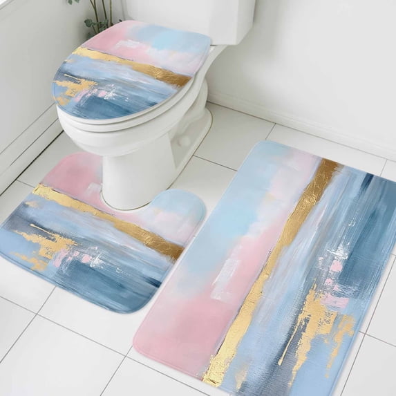 Blue Gold Abstract Bathroom Rugs Set Oil Painting Non Slip Absorbent ...