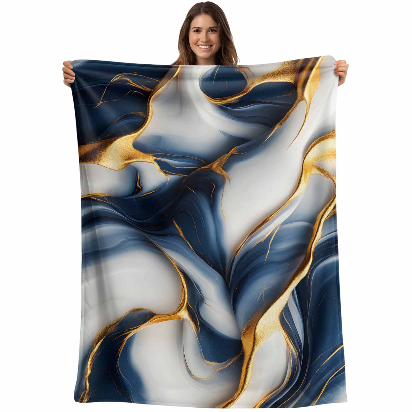 Blue Gold Abstract Marble Texture Throw Blankets, Modern Fluid Art Line ...