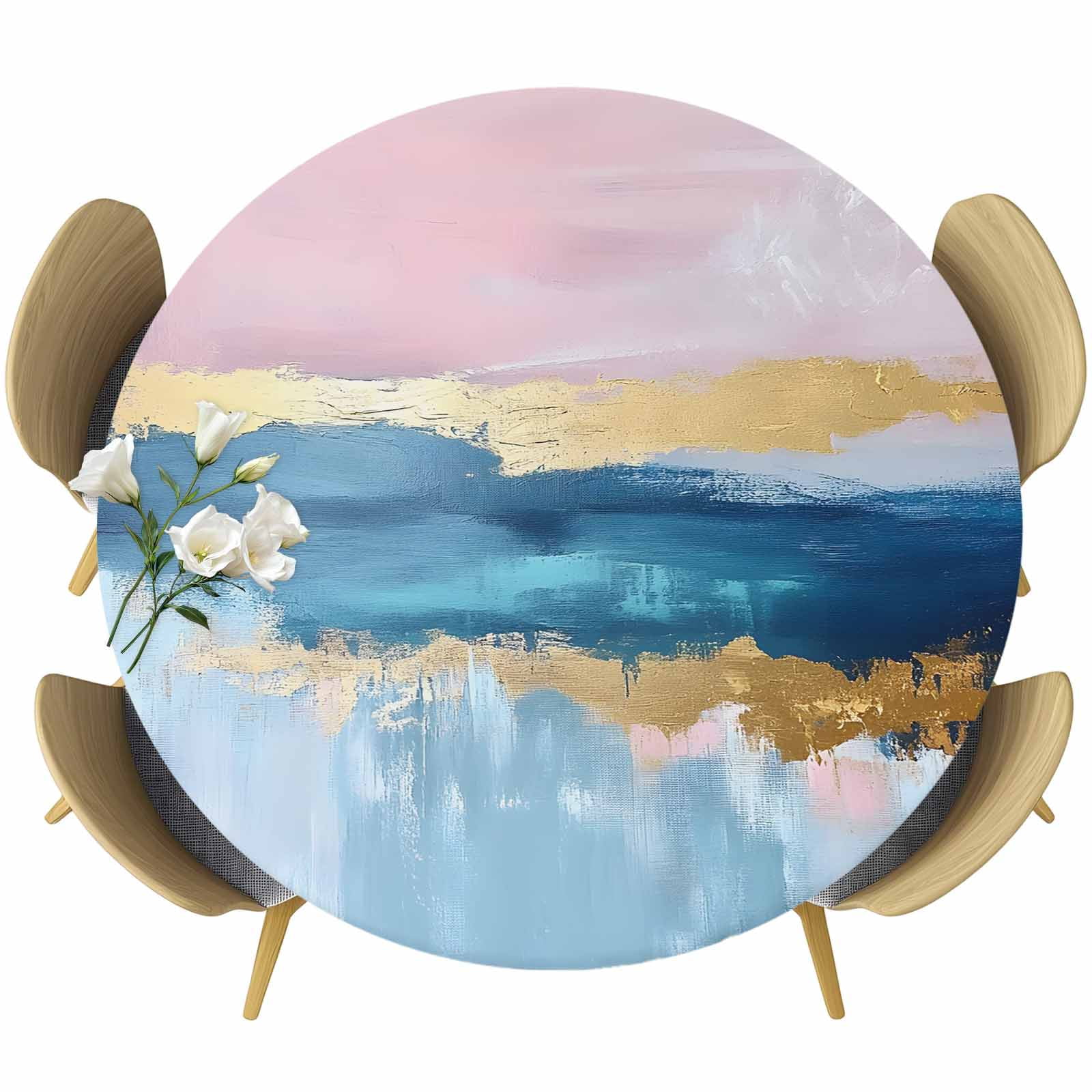Blue Gold Abstract Round Fitted Table Cover Oil Painting Modern ...