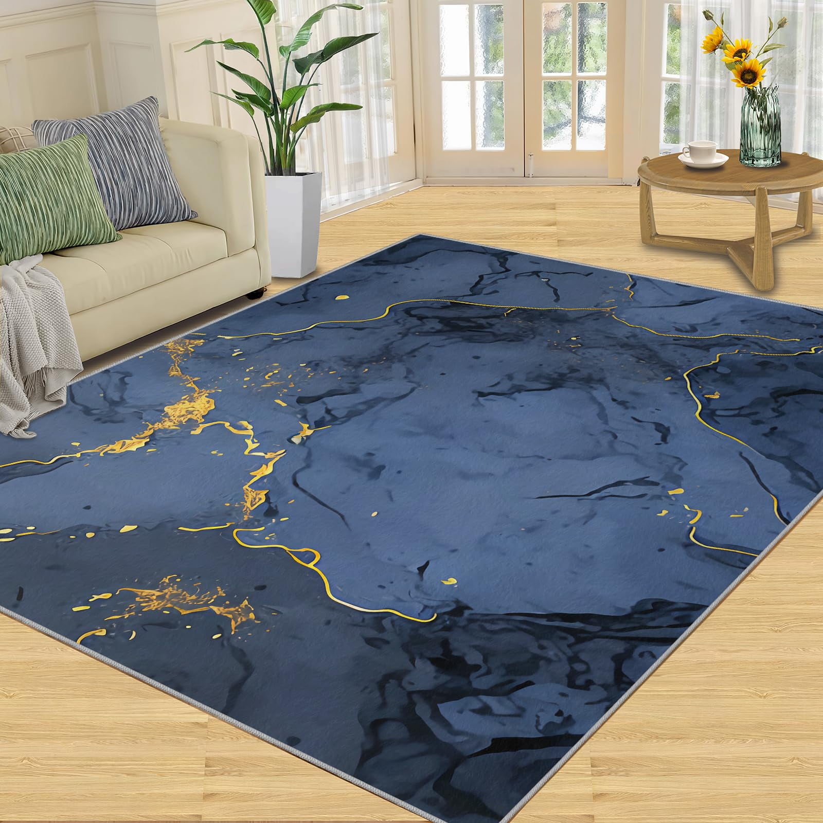 Blue Gold Abstract Rug, Modern Art Living Room Rug, Ultra Soft Non Slip ...