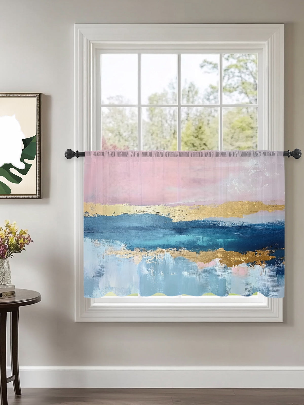 Blue Gold Abstract Sheer Curtains 45 Inch Long 1 Panel Oil Painting ...
