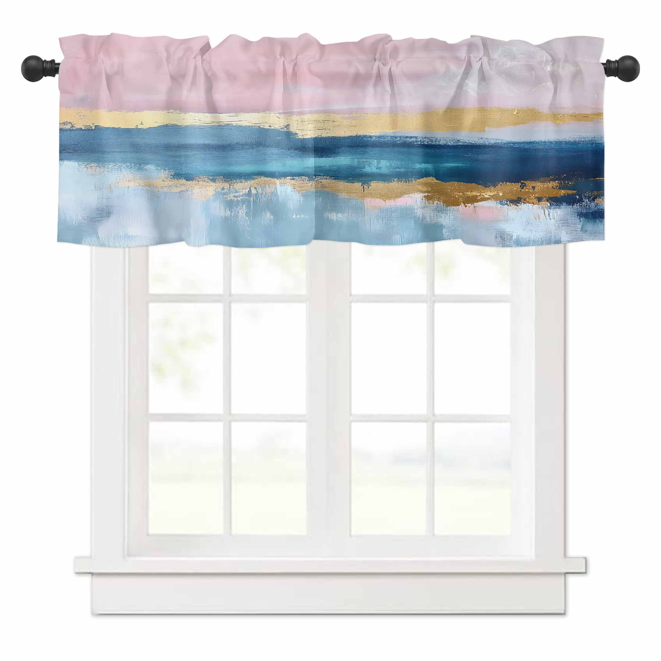 Blue Gold Abstract Valances for Windows Oil Painting Rod Pocket Curtain ...