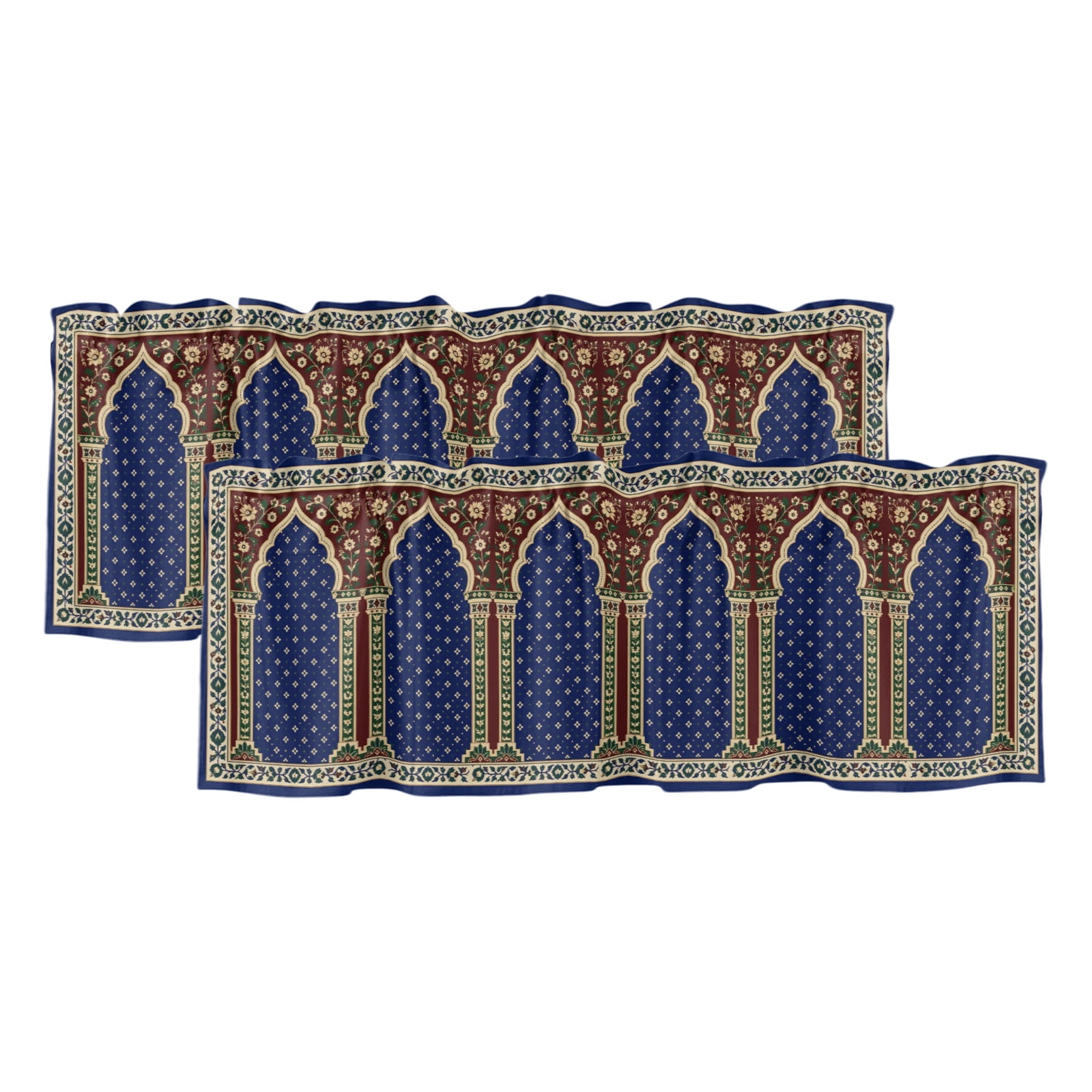 Blue Gold Arched 2 Panels Kitchen Valance, Vintage Ethic Traditional ...