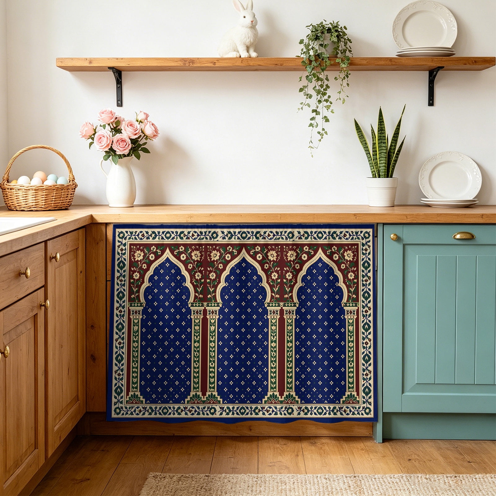 Blue Gold Arched Cabinet Curtains 11" W x 13" L Vintage Ethic ...