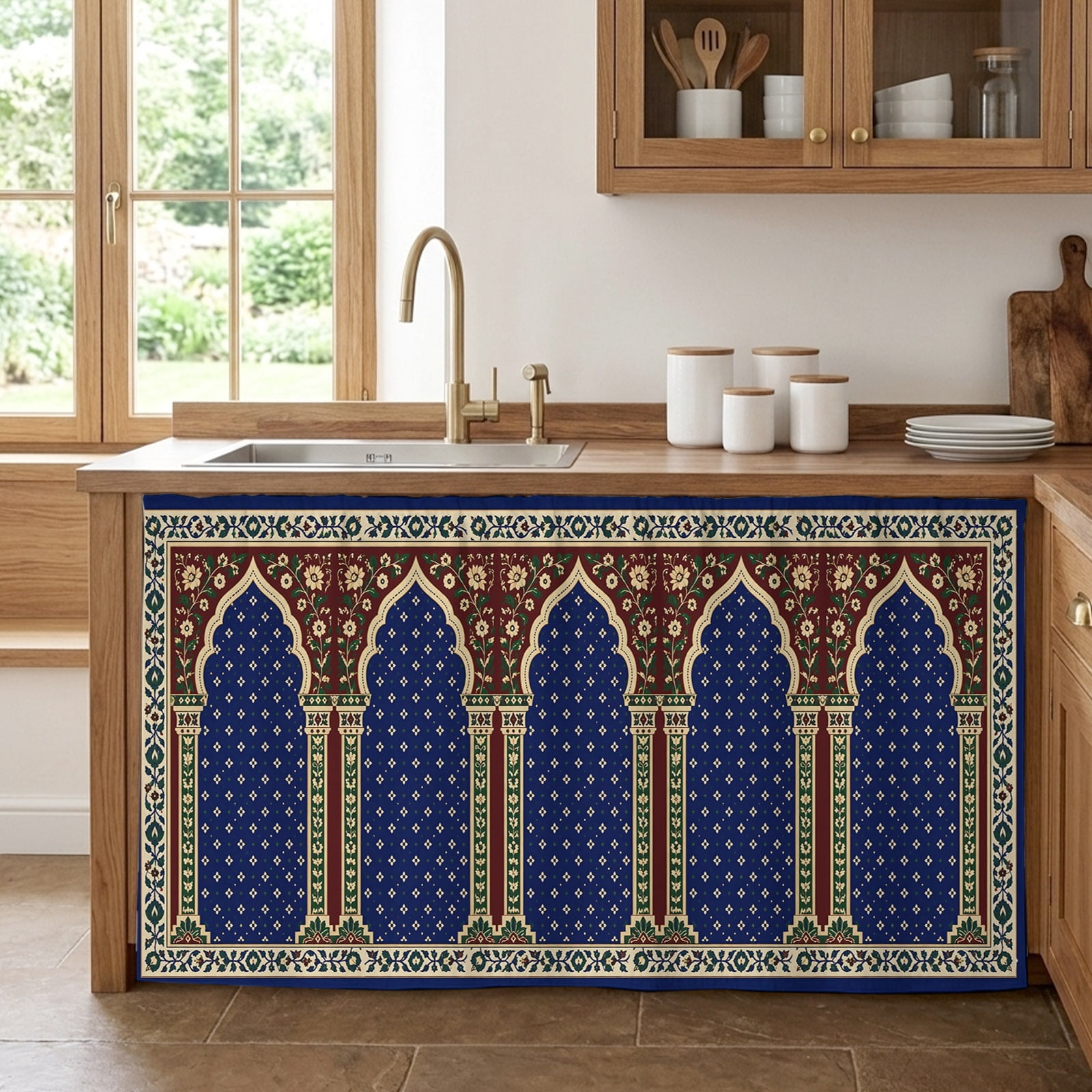 Blue Gold Arched Cabinet Curtains 32" W x 55" L Vintage Ethic ...